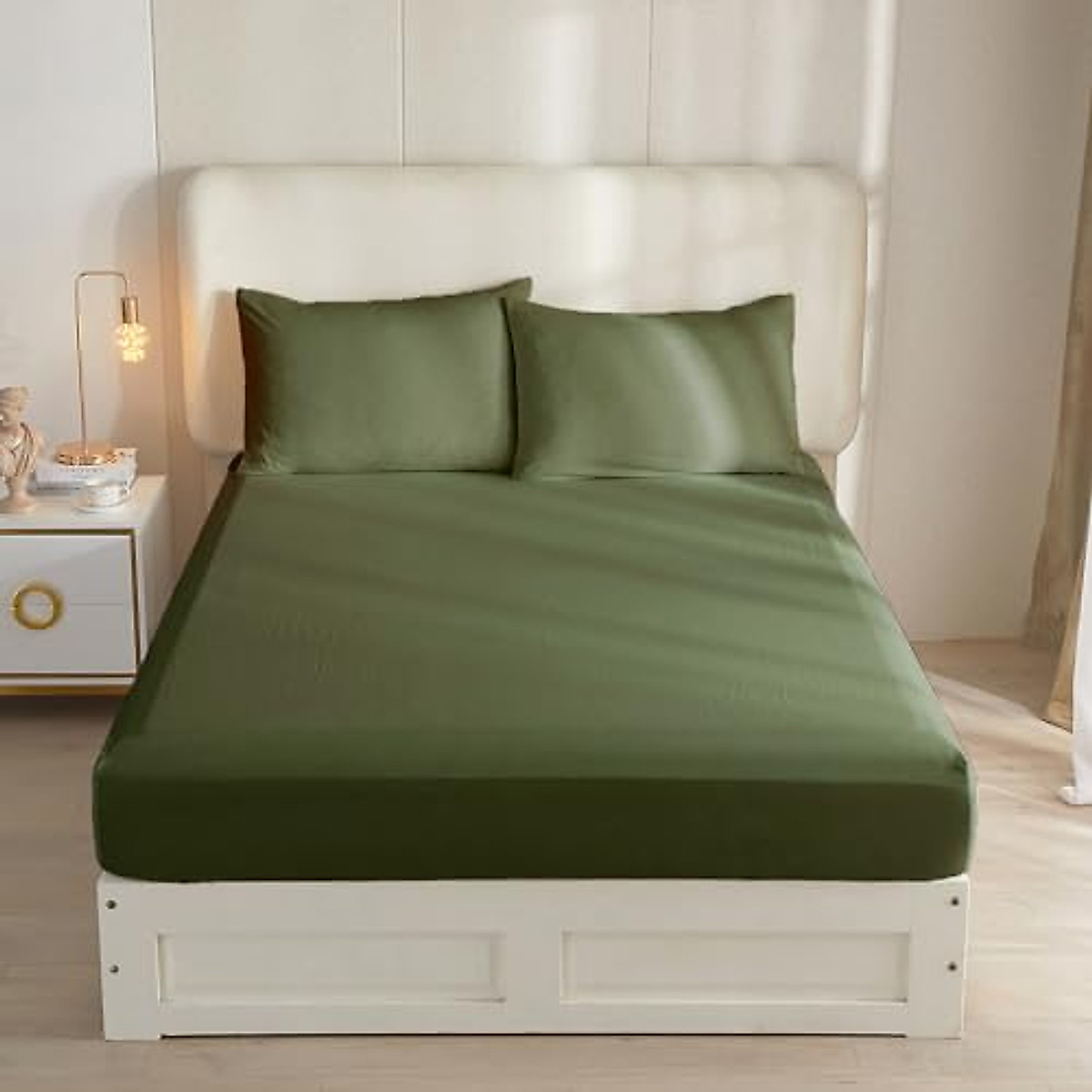 Fitted Sheets for Full Size Bed - Deep Pocket (Up to 16 Inch) - Solid Army Green, Fade & Stain Resistant, Cooling Sheet