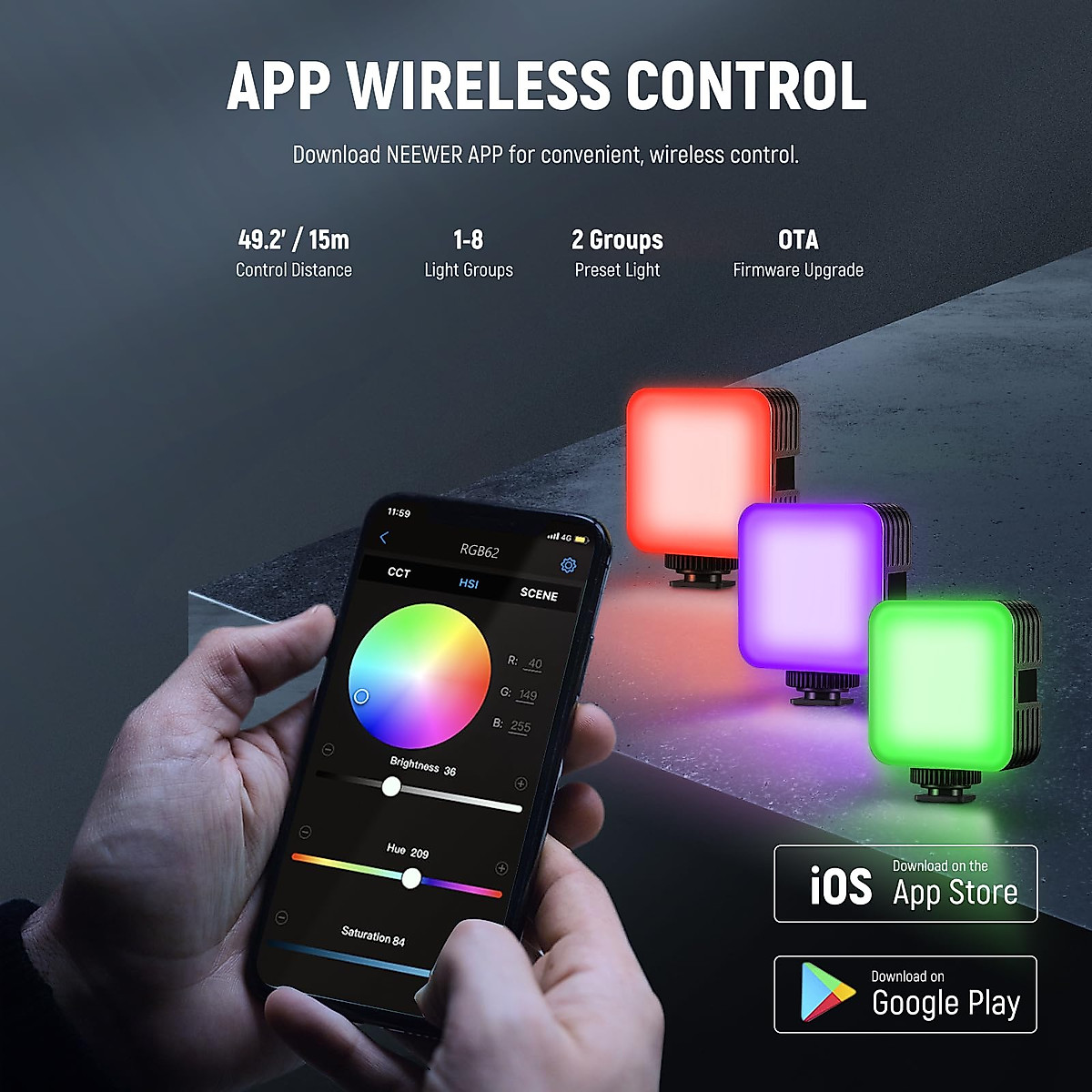 NEEWER RGB62 Magnetic RGB Video Light with Upgraded APP Control, 360° Full Color LED Camera Light with 3 Cold Shoes CRI97+ 2500K-8500K 17 Scenes 2000mAh Rechargeable Portable Photography Lighting