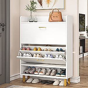 Tribesigns Shoe Cabinet, 2-Tier Shoe Storage Cabinet with Flip Doors, Vintage Entryway Shoe Organizer Rack with Open Shelves for Narrow Closet, Entryway, Living Room, White & Gold