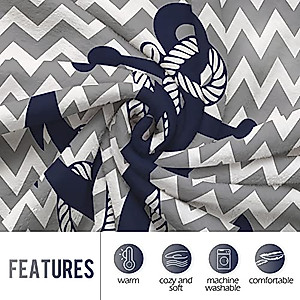 Levens Nautical Anchor Blanket Gifts for Boys Men, Gray and White Chevron Decoration for Home Bedroom Living Room Couch Lounge, Soft Fluffy Lightweight Plush Throw Blankets 50"x60"