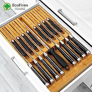 EcoFives In-Drawer Knife Block,Bamboo Knife Drawer Organizer Insert, Kitchen Knife Drawer Storage for 16 Knives a Slot for your Knife Sharpener (Without Knives)