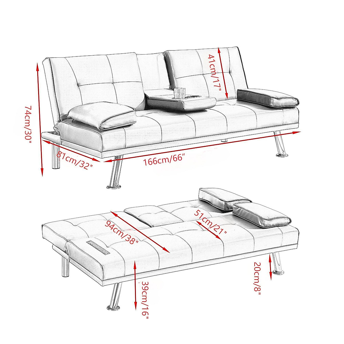 Folding Futon Velvet Sofa Bed Adjustable Couch Sleeper for Living Room Stainless Steel Frame and Feet with 2 Cup Holders，Removable Armrests (Light Blue)