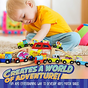 Wooden Trains Set (21 PCS) with 3 Dinosaurs 3 Farm 3 Zoo Animals with Box and Cover - Train Toys Magnetic Set Toy Train Sets for Kids Toddler Gift Toy for 2 Year Old Boys and Girls and up