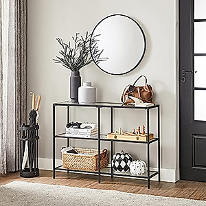 VASAGLE 39.4 Inch Console Sofa Table with 3 Shelves, Steel Frame, Tempered Glass Shelf, Modern Style, for Entryway Living Room Bedroom, Black Color ULGT027B01
