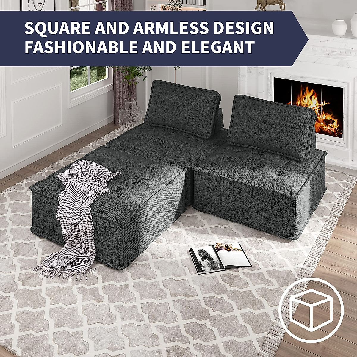 ZAFLY Modular Sectional Sofa Convertible L Shaped U Shaped Couch Sofa Living Room Furniture Sets Modern Armless Floor Sofa Couch for Living Room Bedroom, 3PCS (Dark Gray), Dark Grey