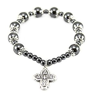 Rosary Bracelet Elastic Hematite Capped Beads Four Way Cross