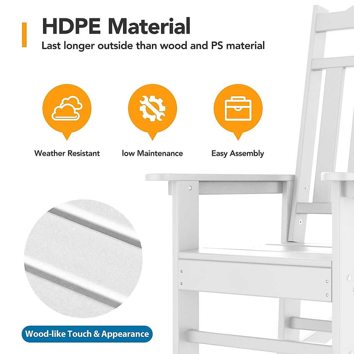 LOENIY HDPE Outdoor Rocking Chair Set of 2, All Weather Resistant Patio Rocker Chair with 350 lbs Heavy Duty, High Back Oversized Rocking Chair for Adult in Porch, Ergonomic Seat (White)