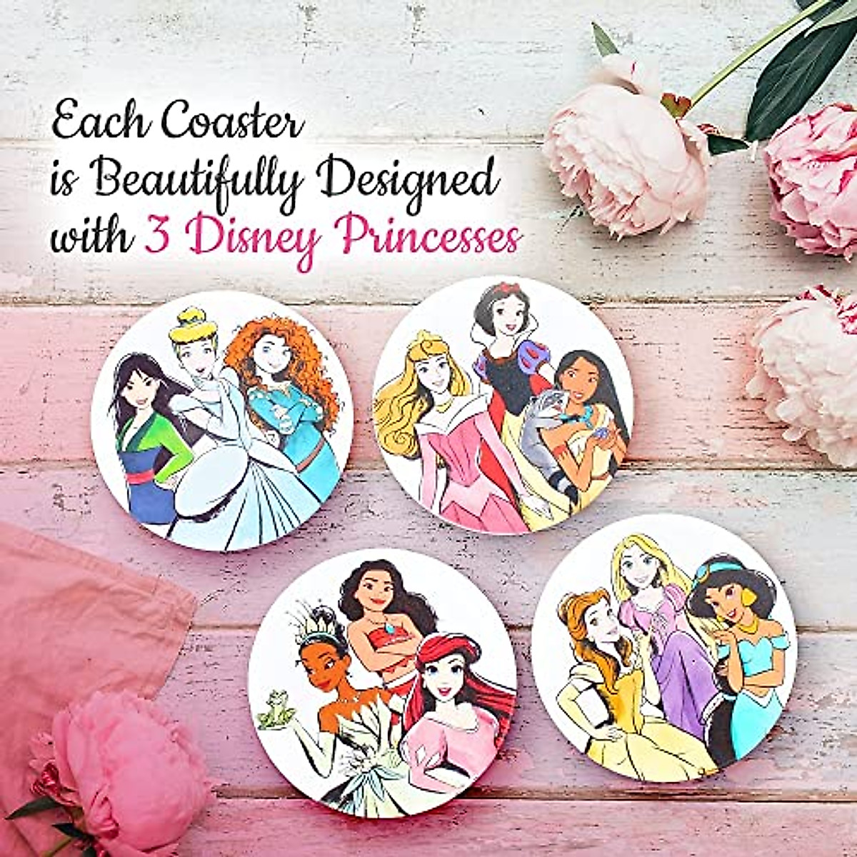 Zrike Disney Princess Courage to Be Kind Coasters - 4" Ceramic Drink Holders - Use for Hot or Cold Beverages Protects Surfaces Functional & Collectible Design Doubles as Decor Gift for Any Occasion