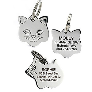 GoTags Stainless Steel Cat ID Tags, Available in Mouse and Cat Shapes, Includes up to 4 Lines of Custom Engraved Personalized Text, (Cat Shape)