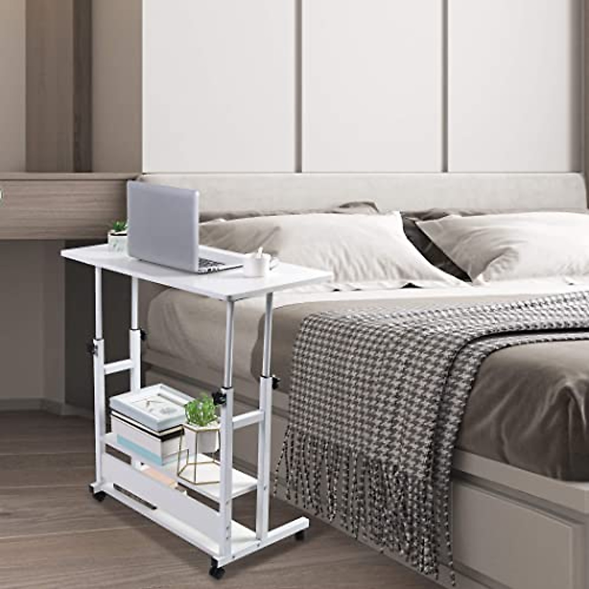 Portable Desk for Bedroom Height Adjustable 31x16 inch Storage Rolling Desk Modern Laptop Table Home Office Workstation Sofa Side Table with Wheels for Living Room Mobile Couch Small Study Desk White