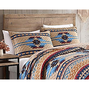 Chezmoi Collection Wyoming 3-Piece Southwestern Quilt Set - Geometric Tribal Multicolor Beige Brown Blue Red Printed Pre-Washed Microfiber Bedspread Set, Queen Size