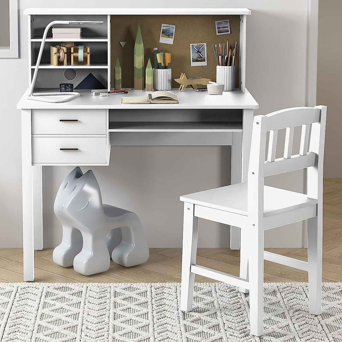 MUZZ Kids Study Desk and Chair Set,Modern Wooden Study Desk w/Hutch & Cork Bulletin Board, Kids Activity Desk with Storage Shelves & 2 Closed Drawers and Chair for Bedroom, Study(White)