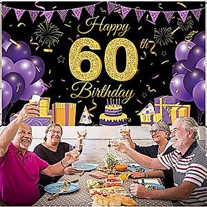 Wiipenex Happy 60th Birthday Backdrop Banner 70.86” x 43.3” Purple Black 60th Birthday Decorations Cheers to 60 Years Old Balloons Backdrop Party Supplies Birthday Yard Sign Poster Photo Booth Props