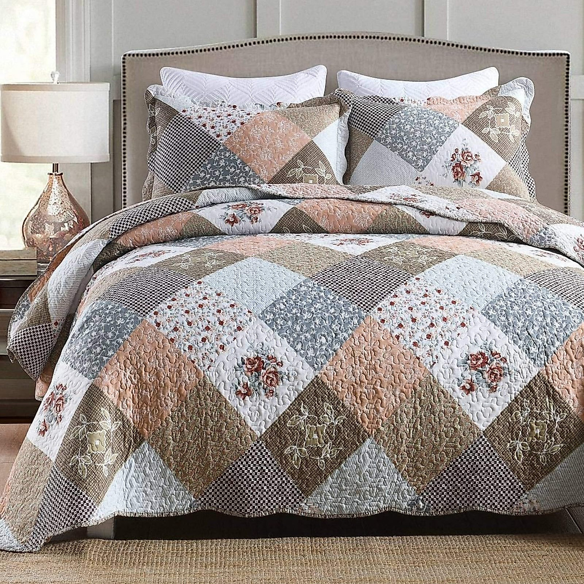 ENJOHOS 3-Piece Quilt Bedspread Sets Queen Size Coverlet Lightweight Reversible Bedspread for Queen Bed Korean Style Flower Garden on Pink Checker Daybed Bedding