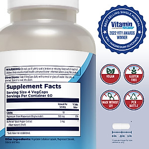 KAL Magnesium Glycinate, New & Improved Fully Chelated High Absorption Formula with BioPerine, Bisglycinate Chelate for Stress, Relaxation, Muscle & Bone Health Support, 60 Servings, 240 VegCaps