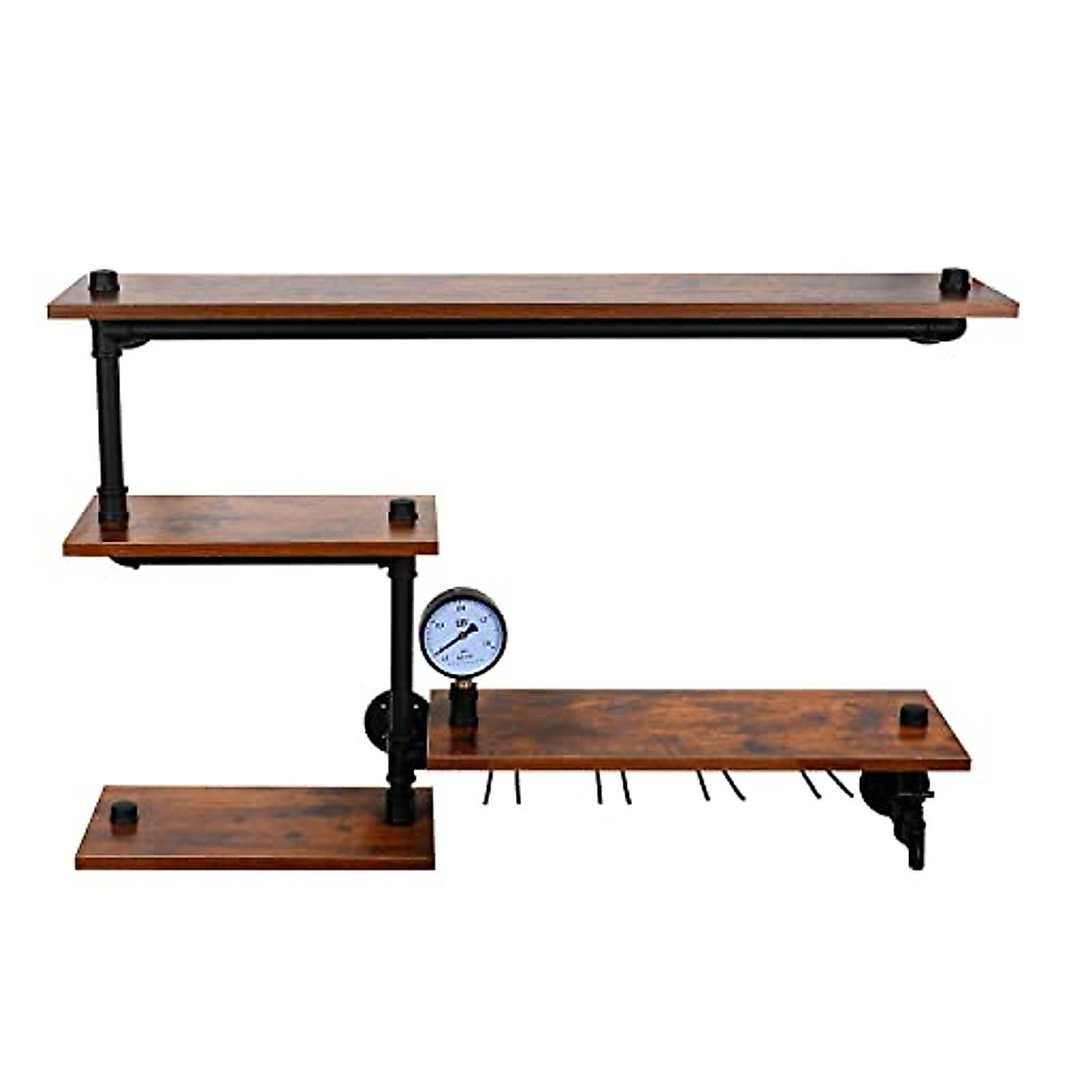 Rocomoco Industrial Pipe Shelving Wine Rack Wall Mounted with 4 Stem Glass Holder 39 Inch Bar Shelf Rustic Metal Floating Wall Bar Shelf 4-Tiers Hanging Liquor Wood Shelves Glass Rack for Kitchen