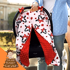 Dear Baby Gear Carseat Canopy - Car Seat Cover with Snap Opening for Girls and Boys - Infant Car Chair Canopies - Floral & Farm Prints - Nursing Covers 39" x 32" (Heifer Cow and Red Flowers, Red)