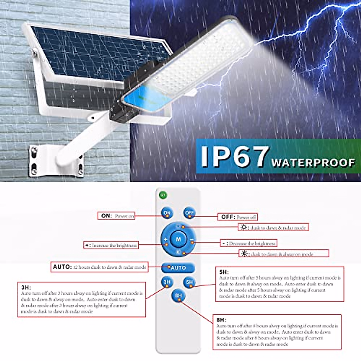Gebosun 2PK 200W Solar Street Light with Motion Sensor, 192PCS LED Security Flood Light Dusk to Dawn Outdoor Lighting, Die-cast Aluminium IP67 Waterproof Solar Parking Lot Light for Yard,Garden,Patio