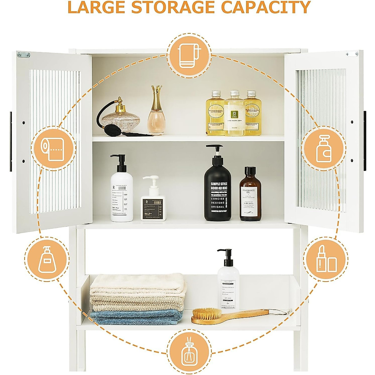 coucheta Over The Toilet Storage Cabinet with Glass Doors, Bathroom Above Toilet Storage Cabinet with Adjustable Shelves, Large Capacity Bathroom Organizer, White