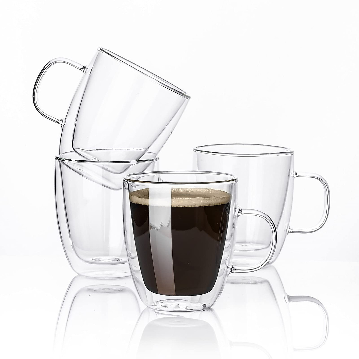 Kanwone Glass Coffee Mugs - 12.5 Ounce Double Wall Insulated Mug Set with Handle, Clear Coffee Mugs, Perfect for Latte, Americano, Cappuccinos, Tea Bag, Beverage, Set of 4