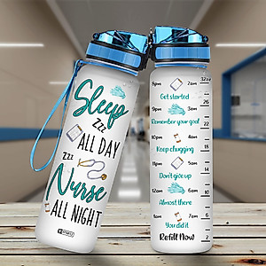 Hyturtle Sleep All Day Nurse All Night Stethoscope 32Oz Liter Motivational Water Bottle, Tracking Water With Time Marker, Appreciation Gifts For Women Nurse Coworkers On Birthday Nurse's Day
