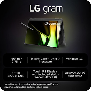LG gram 14 Laptop 2in1 - Touchscreen Stylus Pen - 16 Core Intel Ultra 7 155H - 32GB RAM - 2TB SSD - Intel Evo Laptop - Backlit Keyboard - Ultrathin - AI PC - Windows 11-2024