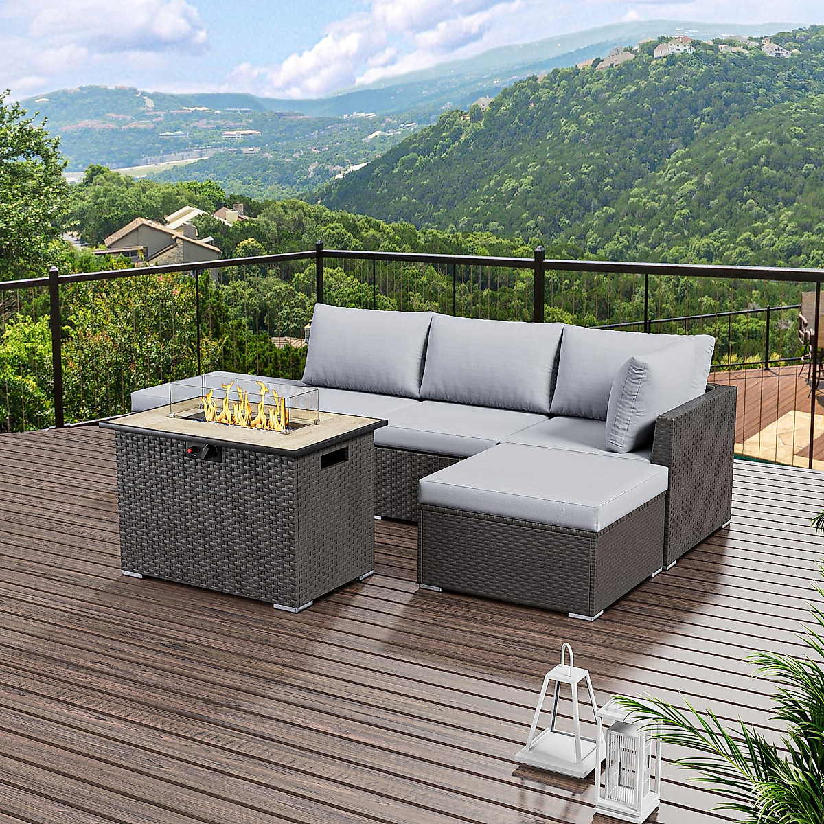 Dineli Patio Furniture Set Sofa Outdoor Furniture Set Sectional Couch Fire Pit Table Balcony Furniture Patio Table and Chairs Set with Propane Fire Pit (Light Gray, 6 pcs/firepit Table)