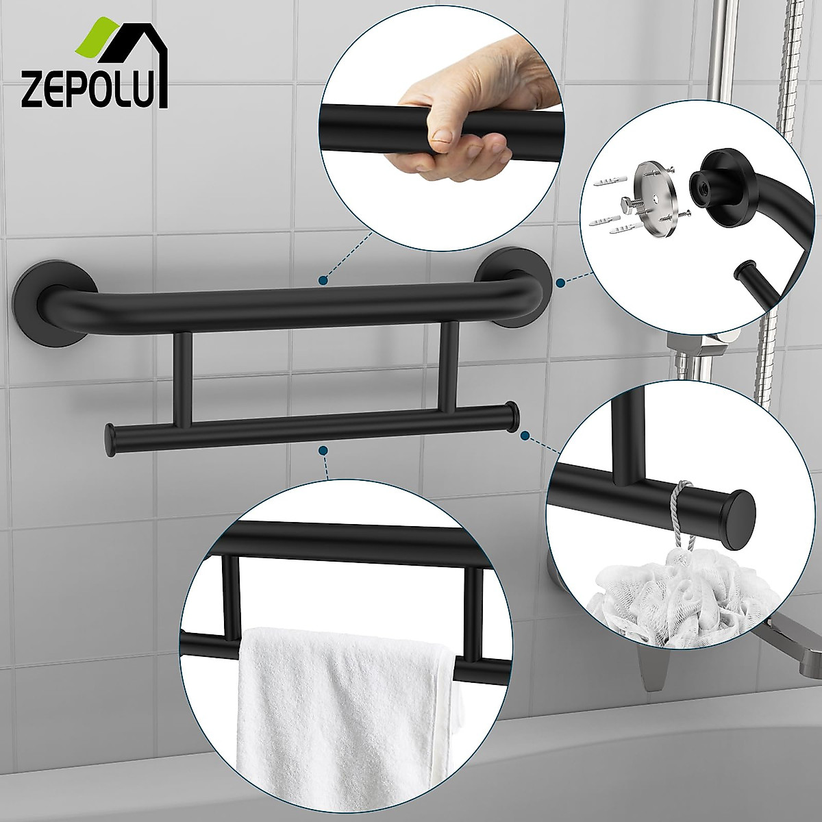 Black Grab Bar Towel Rack Combo, Zepolu Handicap Towel Bar for Bathroom, Stainless Steel Safety Assist Bar Balanced Support Handle 17 Inch, Wall Mounted Towel Grab Bars for Senior Elderly Disabled