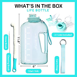 Life Bottle 1 Gallon Water Bottle with Straw Lid and Chug Lid, Big Leakproof Water Jug with Time Marker, No Quotes. 128 oz Water Bottle with Handle and Straw, BPA Free