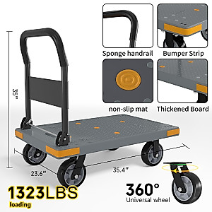 WUD Push Cart, Folding Mobile Platform Trolley,Thickened and Reinforced, 360° Swivel Wheels,35.4 “L x 23.6 ”W, 1323 lb.Grey