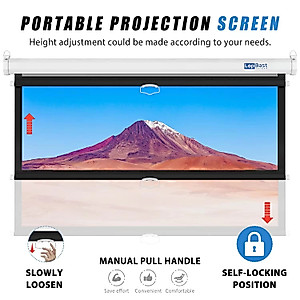 LopBast Screen 100INCH Manual Pull Down White Projector Screen 16:9 1.2 Gain Retractable Auto-Locking 4K 8K 3D Ultra HD for Home Theater Movie Office Game Projection Screen with Slow Retract Mechanism