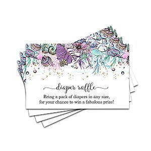 Mermaid Diaper Raffle Tickets, Girls Baby Shower Games for Prizes, Baby Shower Diaper Raffle Invitation Insert Cards, 25 Pack