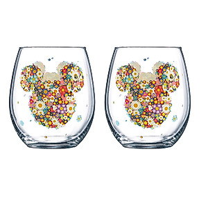 Jerry Leigh Multicolored Floral Mickey Mouse Outlined Stemless Drinking Glasses, Disney Souvenir Collectable Flower Print Adult Glass, 14.5 oz, 2 Pack, Multicolor