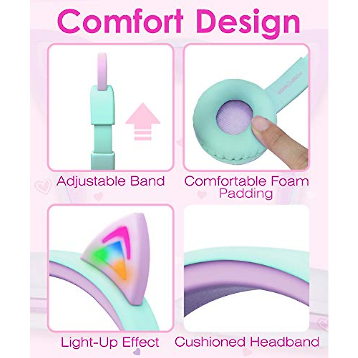 FosPower Kids Headphones with LED Cat Ears, 3.5mm On-Ear Wired Headset with Laced Cables for iPad/Smartphones/PC/Kindle/Tablet/Laptop/School (Max Volume 85dB) - Teal/Light Purple