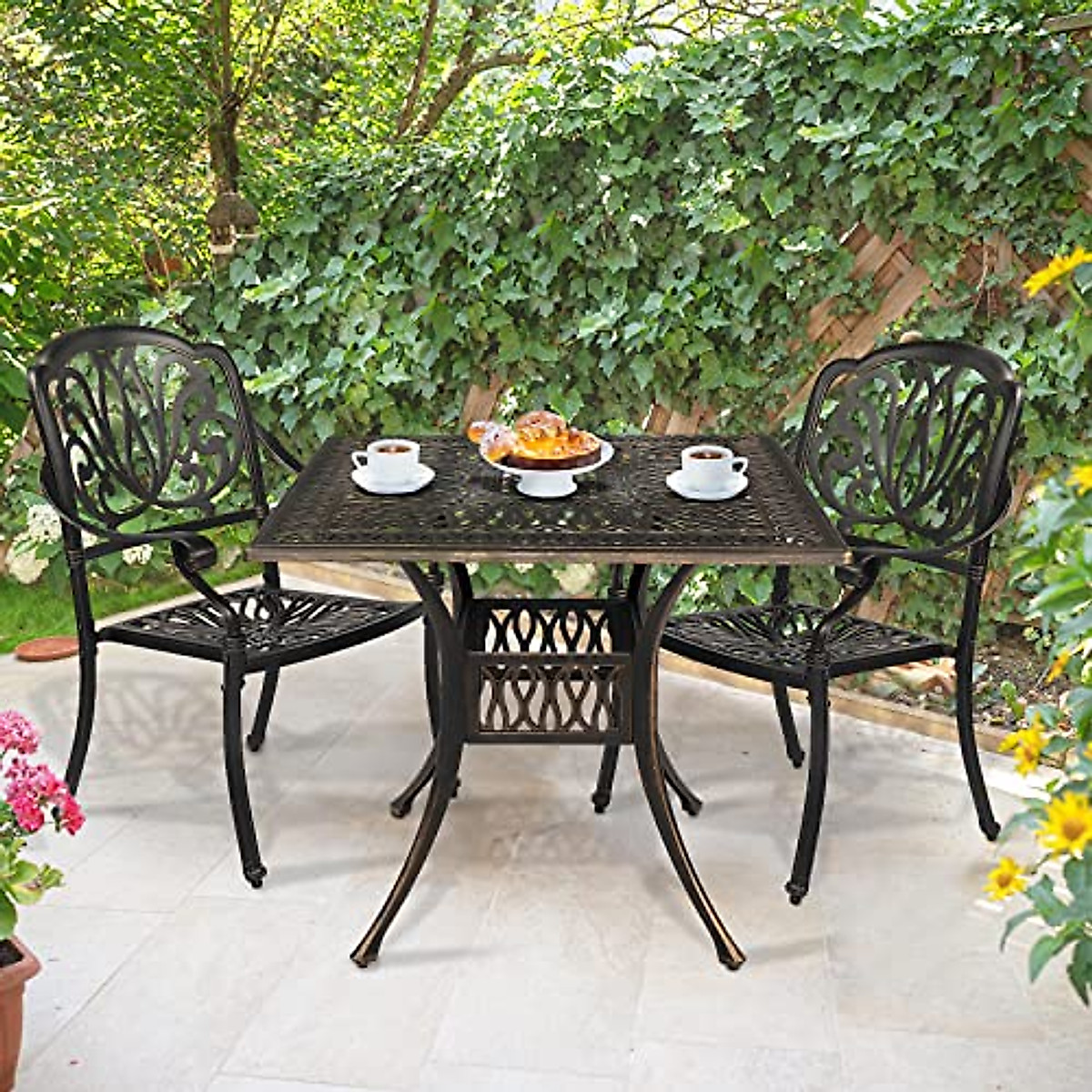 VINGLI Patio Dining Table, Patio Table with Umbrella Hole Outdoor Dining Table, Cast Aluminum Outdoor Bistro Table Outdoor Furniture Garden Table (35.4”Lx35.4”Wx29.5”H)