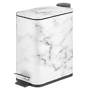 mDesign Slim Metal Rectangle 1.3 Gallon/5 Liter Trash Can with Step Pedal, Easy-Close Lid, Removable Liner - Narrow Wastebasket Garbage Container Bin for Bathroom, Bedroom, Kitchen - White Marble
