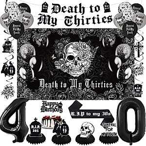 Crenics Death to My 30s Decorations - Death to My Thirties Backdrop, Banner, Honeycomb, Sash, Hanging Swirls, Cake Topper and Balloons for 40th Birthday Party Decorations for Women or Men