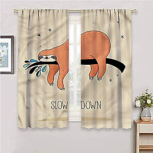 Animal Room Darkened Heat Insulation Curtain, Curtains 63 inch Length Sleepy Sloth Cartoon Protective Furniture W63 x L63 Inch