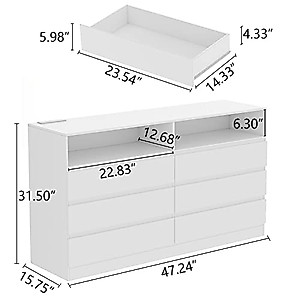 Gyfimoie 6 Drawer Double Dresser with Power Outlet, Accent Chests of Drawers with LED Light, Modern White Storage Dresser with Charging Station (Mirror Not Included)
