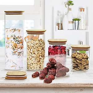 XHKDSYMC 5 Pack Glass Food Storage Jars, Clear Glass Canister Food Jar with Bamboo Wooden Lid Food Storage Container for Sugar, Pasta, Snack, Coffee Beans, Cookies, Nuts, Coffee Beans