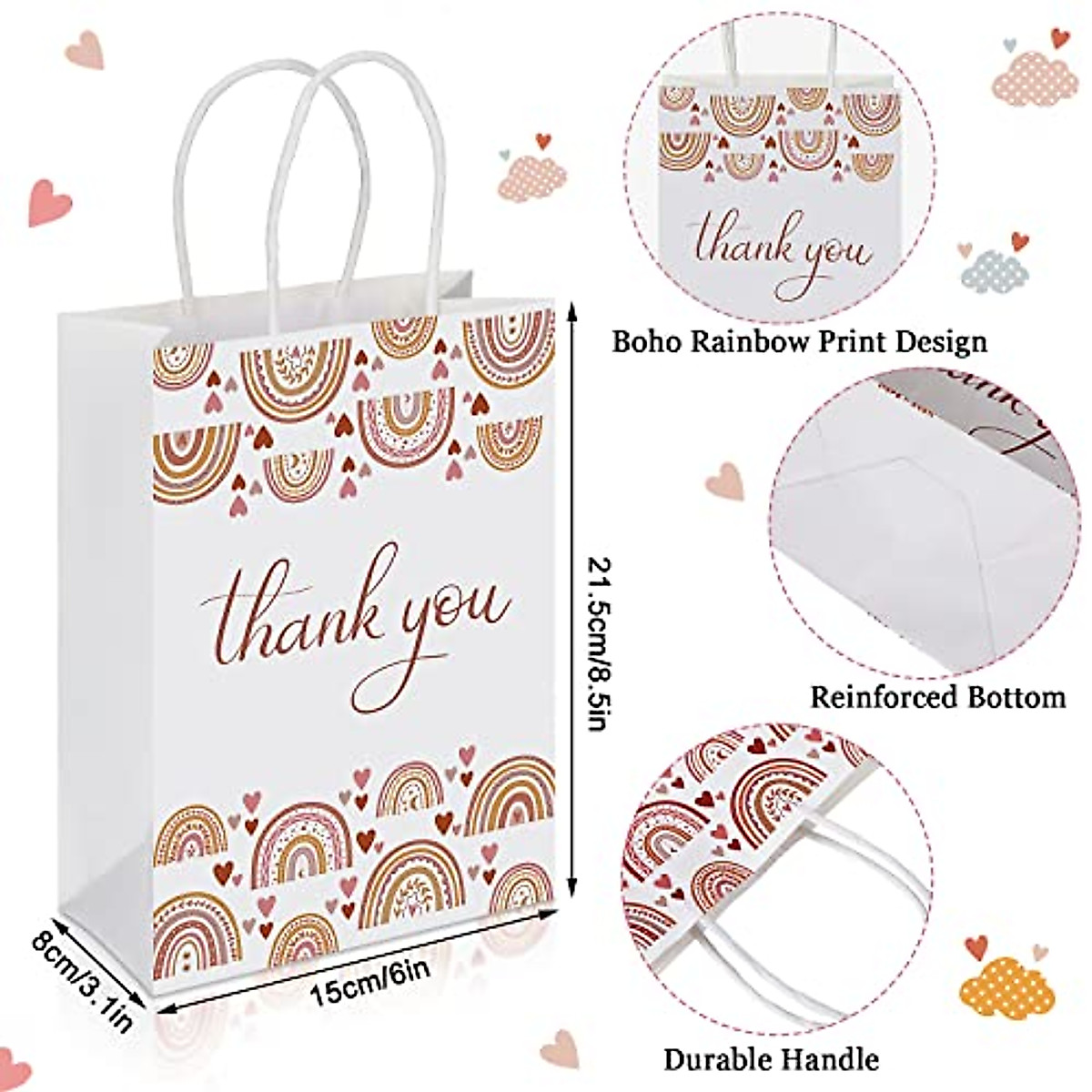 20 Pcs Rainbow Thank You Bags Boho Rainbow Thank Party Bags with Handles Goodie Treat Candy Paper Bags White Kraft Paper Bags Party Favor Bags for Wedding Birthday Baby Shower Party Favors