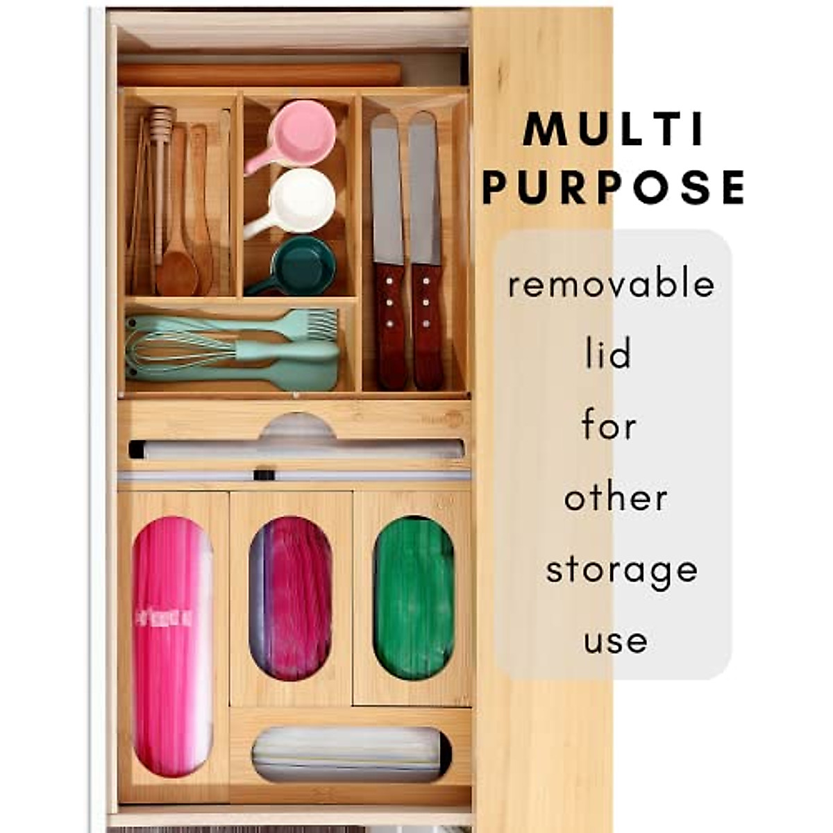 KUNABOO Bamboo Storage Bags Organizer, 5 Boxes Set Drawer Organizer for Plastic Storage Bags and Foil Plastic Wrap Cutter Dispenser (FSC Certified eco-Friendly Bamboo), Sandwich Bag Organizer