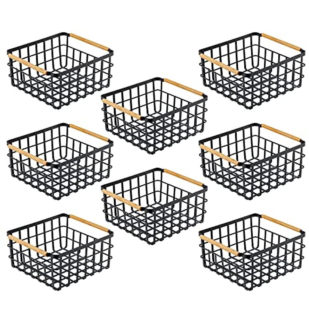 mDesign Metal Wire Storage Organizer Basket with Bamboo Wood Handles for Kitchen Pantry, Rustic Farmhouse Bin to Store Fruit, Coffee, Spices, Supplies, Yami Collection, 8 Pack, Matte Black/Natural/Tan