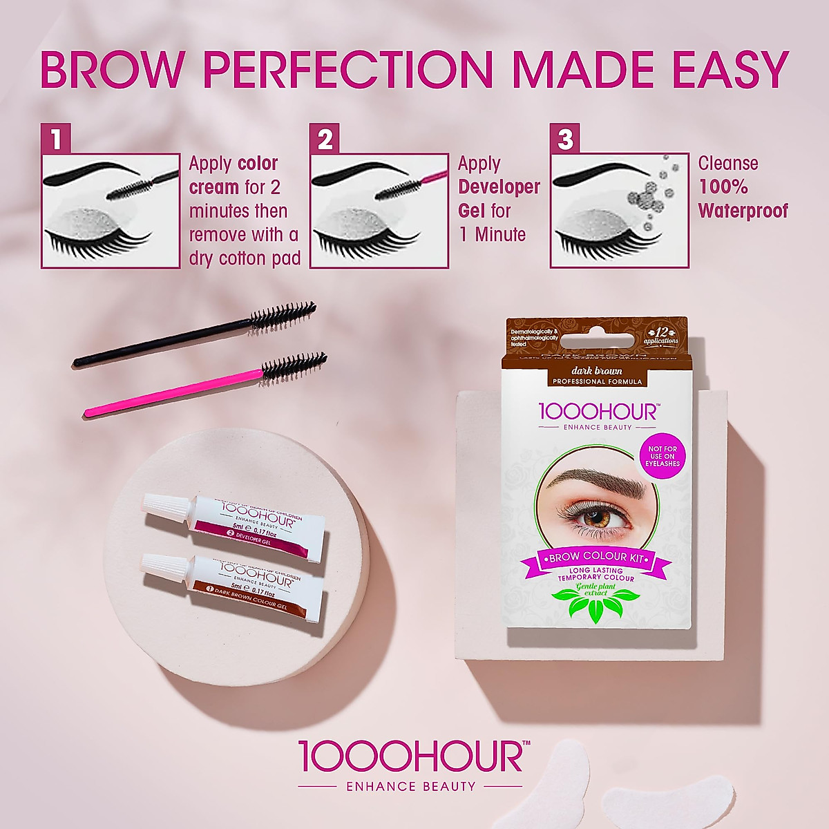 1000 Hour Professional Formula Brow Color Kit - Defined Brows with a Long-Lasting Formula with Eyebrow Mascara - Brow Gel for Stunning Brows that Last Up To 6 Weeks with 12 Applications - Dark Brown