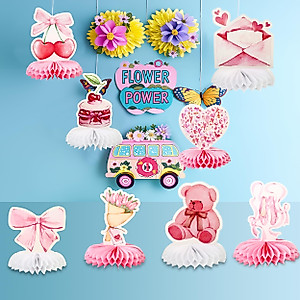 GiiezQia 8 Pcs Coquette Pink Bow Party Honeycomb Centerpieces Decorations Cherry Cake Ballet Heart Cutouts Table Toppers for Girls Birthday Baby Shower Bridal Bachelorette Engagement Wedding Decor