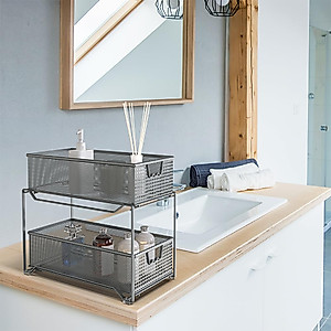 DecoBros 2 Tier Mesh Sliding Cabinet Basket Organizer Drawer,Silver