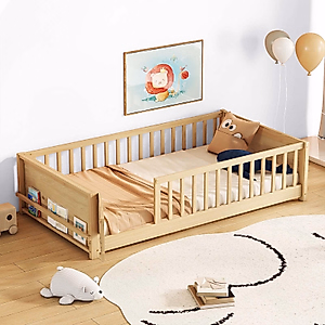 Tatub Twin Floor Bed with Slats, Montessori Bed with Rails, Kids Floor Bed with Built-in Book Storage Rack, Solid Wood Montessori Bed Frame with Door, Nature
