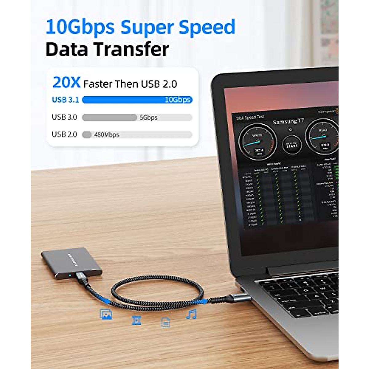 SUNGUY USB C Android Auto Cable 1FT, USB C to USB 3.1 USB 3.2 Gen2 10Gbps USB A to C Data Fast Charging Cable Compatible with Samsung Galaxy S21 S20 S10 S10E Note 20, USB C External C SSD, Pixel