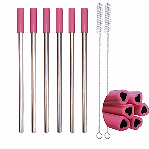 Amsthow Cute Metal Straws 6Pcs Heart Shaped Straws Reusable Stainless Steel Straw with Silicone Tip and Cleaning Brushes for Shakes, Drinking (Silver)