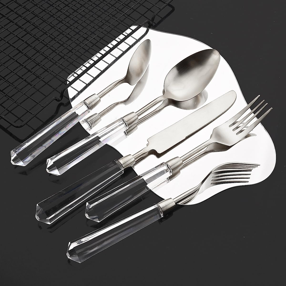JASHII 5pcs Silver 304 Stainless Steel Flatware Cutlery Set with Transparent Acrylic Handle Diamond Shape, Matte Knife Fork Spoon Set, Dishwasher Safe for Home Wedding Hotel